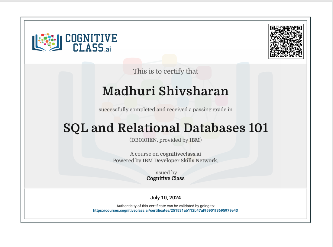 SQL and Relational Databases 101 IBM (via Cognitive Class-IBM Developer ...